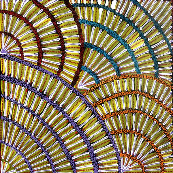 Small colourful painting by Jessie Bird Ngale: "Alpar Seed Story ...